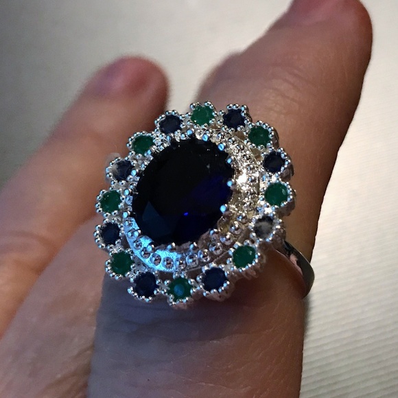 Jewelry | Sapphire Emerald And Silver Costume Ring | Poshmark
